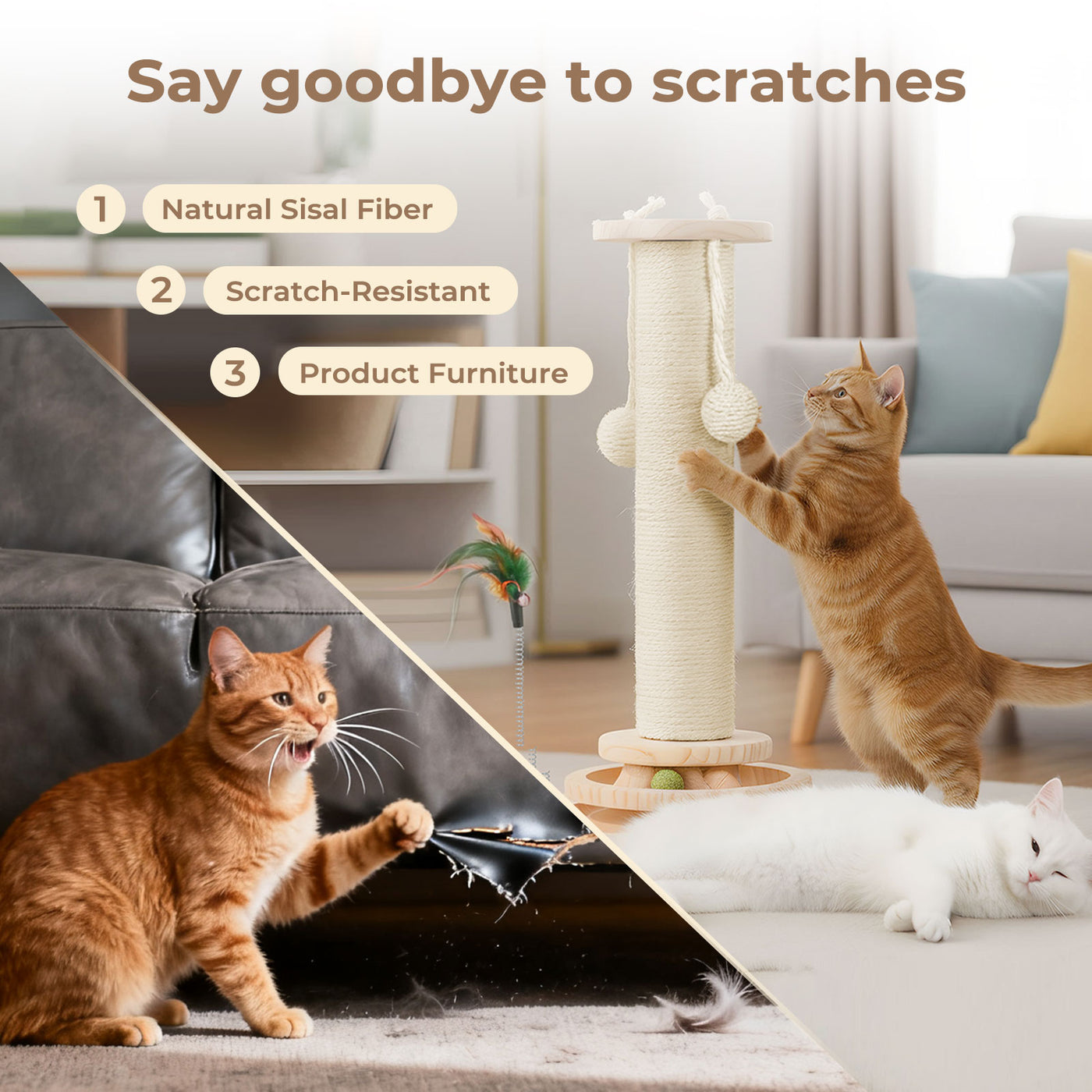 Pawz Cat Scratcher Wooden Scratching Post Natural Sisal Kitten Toy Pla